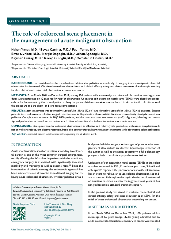 (PDF) The role of colorectal stent placement in the management of acute ...