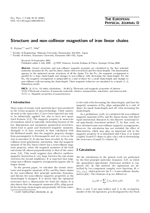 (PDF) Structure and non-collinear magnetism of iron linear chains