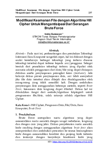 (PDF) Modifikasi Keamanan File dengan Algoritma Hill Cipher Untuk Mengantisipasi Dari Serangan ...