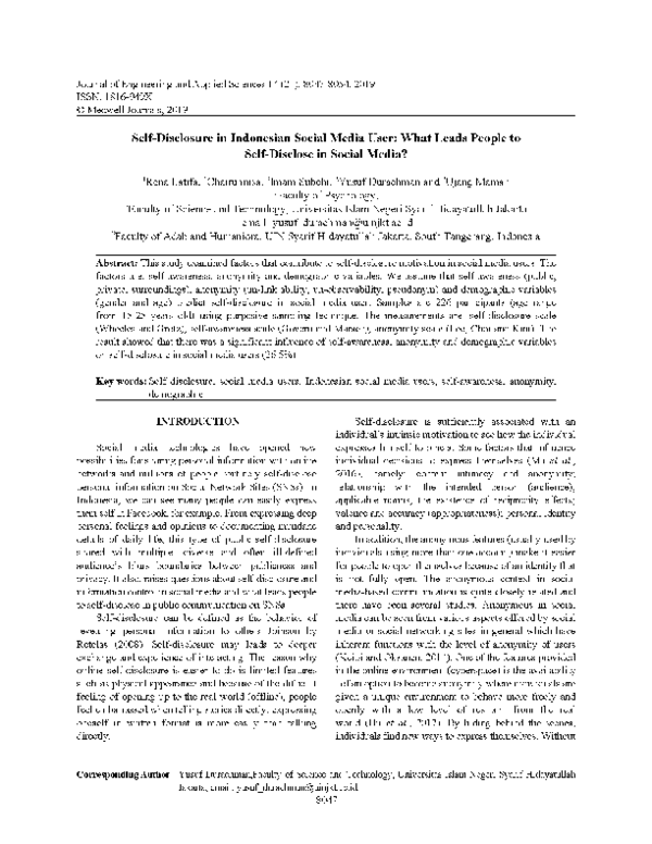 Pdf Self Disclosure In Indonesian Social Media User What Leads 3309