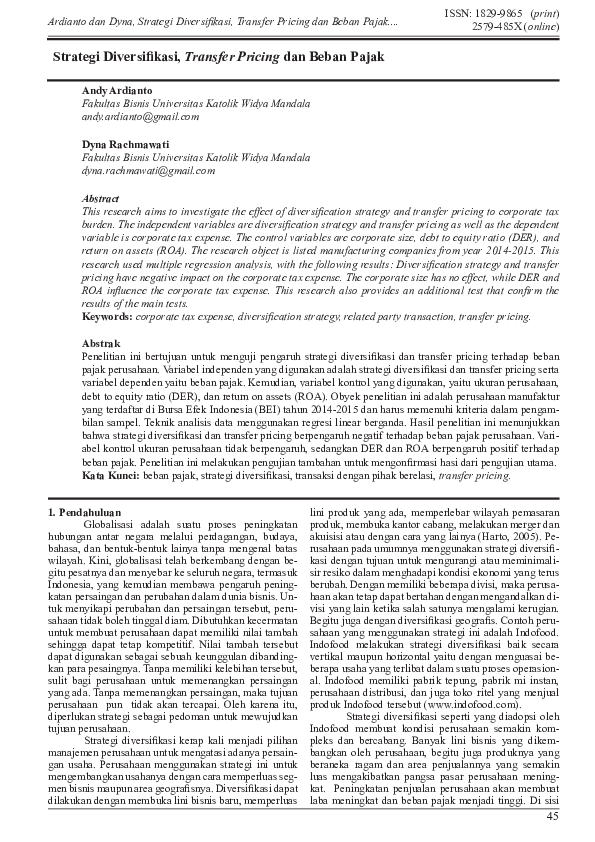 (PDF) Strategi Diversifikasi, Transfer Pricing dan Beban Pajak