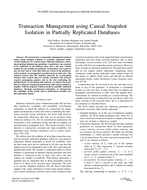 Pdf Transaction Management Using Causal Snapshot Isolation In Partially Replicated Databases