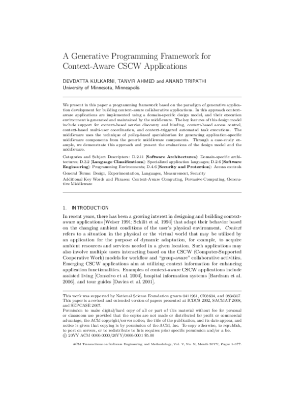 Pdf A Generative Programming Framework For Context Aware Cscw 1165