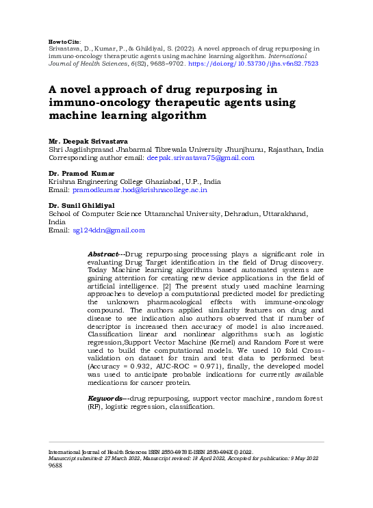 (PDF) Novel Approach of Drug Repurposing in Immuno-Oncology Therapeutic Agents Using Machine ...