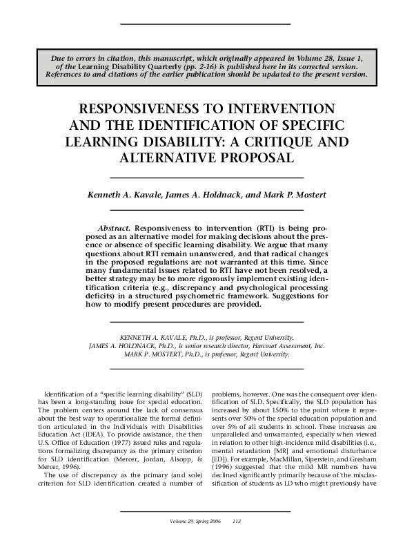 (PDF) Responsiveness to Intervention and the Identification of Specific Learning Disability: A ...