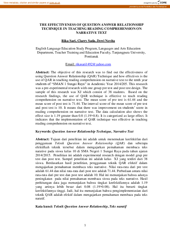 (PDF) The Effectiveness of Question Answer Relationship Technique in Teaching Reading ...