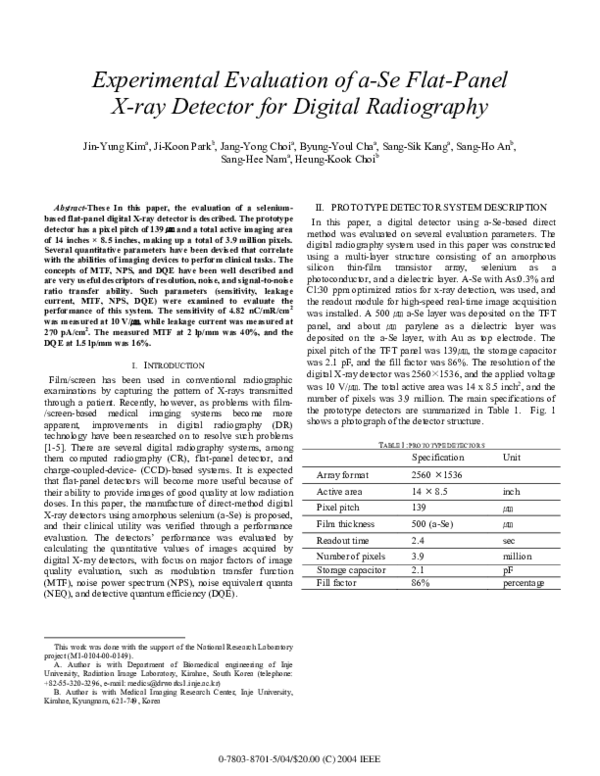 (PDF) Experimental evaluation of a-Se flat-panel X-ray detector for digital radiography