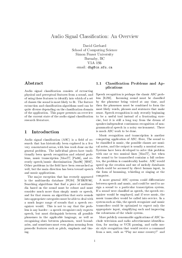 (PDF) Audio signal classification: An overview