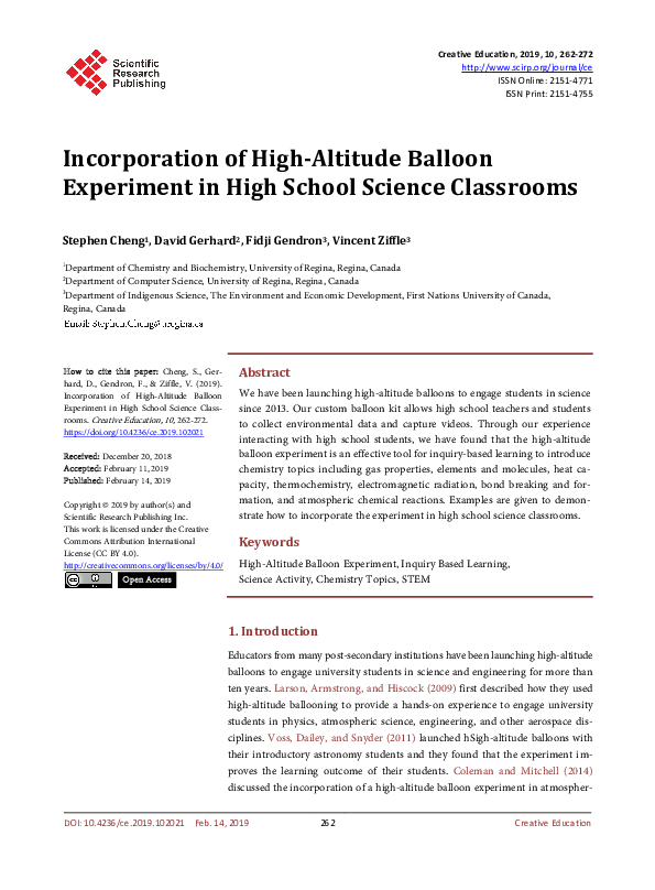 (PDF) High-Altitude Balloon Experiments in High School Science