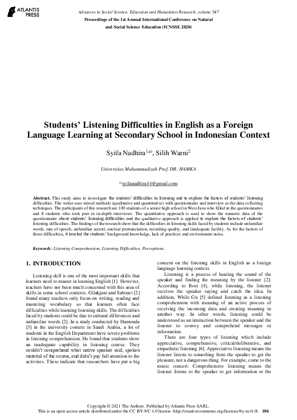 (PDF) Students’ Listening Difficulties in English as a Foreign Language Learning at Secondary ...