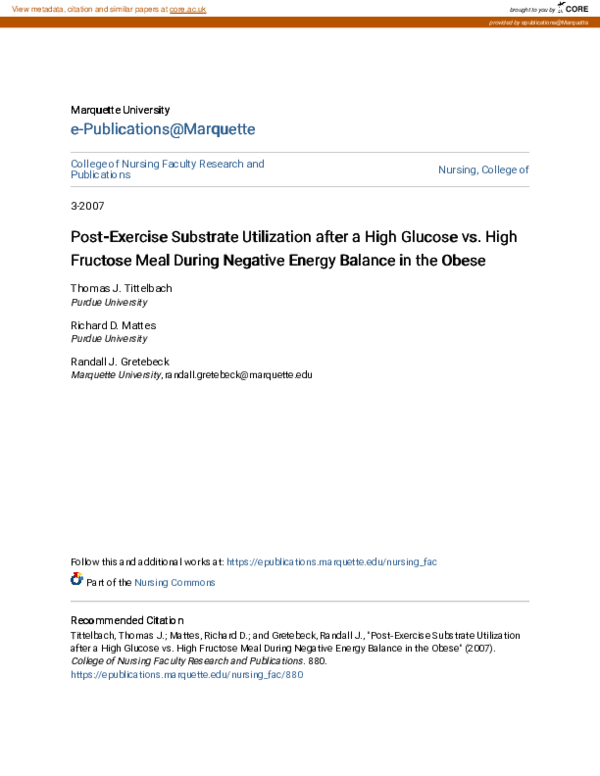 Pdf Post Exercise Substrate Utilization After A High Glucose Vs High