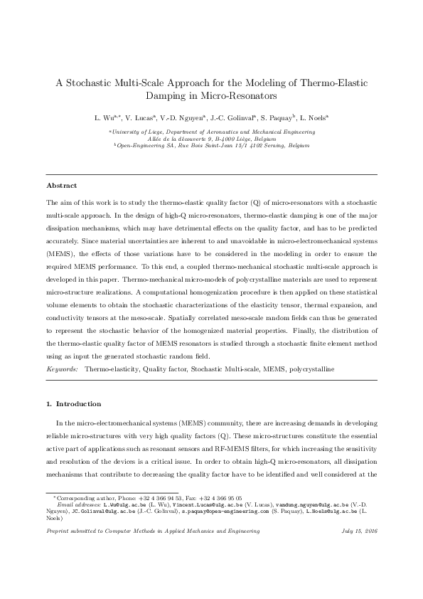 Pdf A Stochastic Multi Scale Approach For The Modeling Of Thermo Elastic Damping In Micro