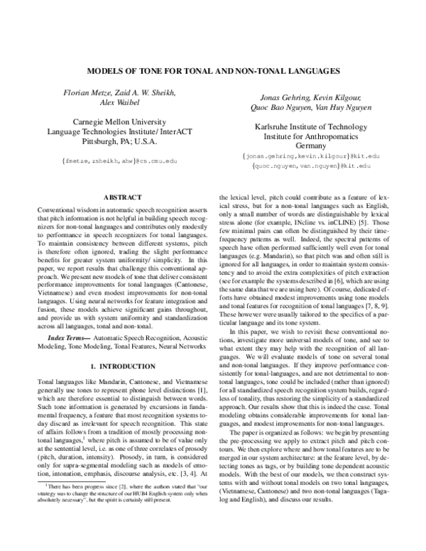 (PDF) Models of tone for tonal and non-tonal languages