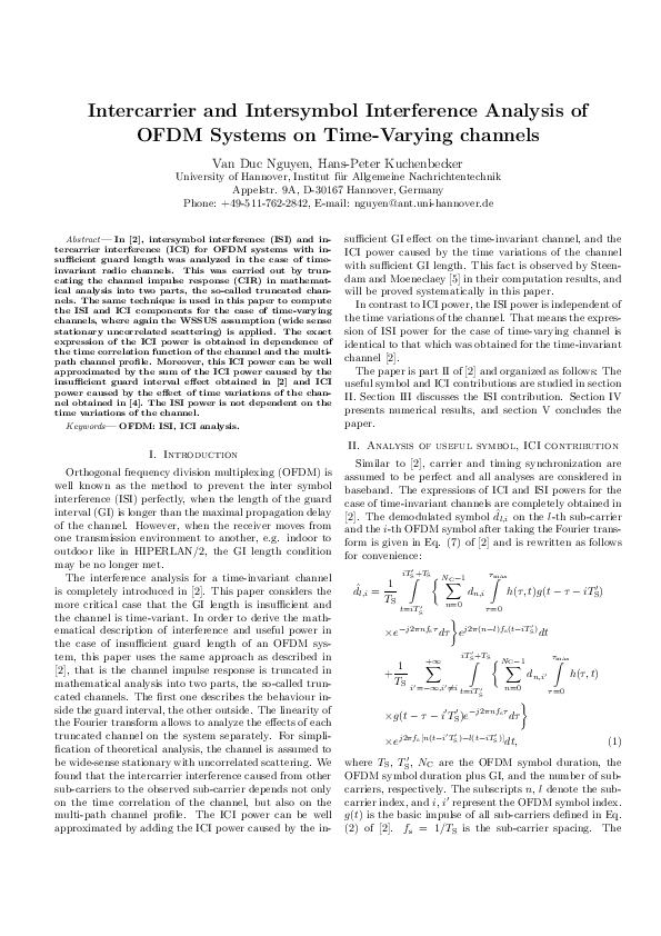 (PDF) Intercarrier and intersymbol interference analysis of OFDM systems on time-varying channels