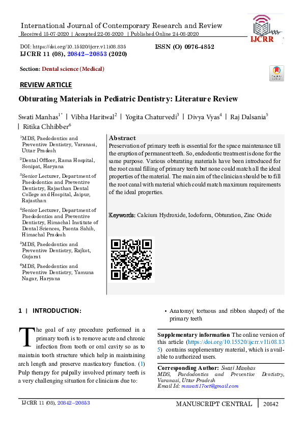 (PDF) Obturating Materials in Pediatric Dentistry : Literature Review