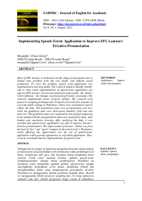 (PDF) Implementing Speech-Texter Application to Improve EFL Learners’ Fricative Pronunciation
