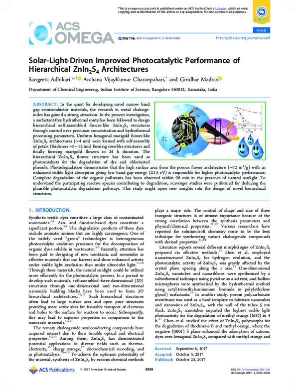 Pdf Solar Light Driven Improved Photocatalytic Performance Of Hierarchical Znin2s4 Architectures