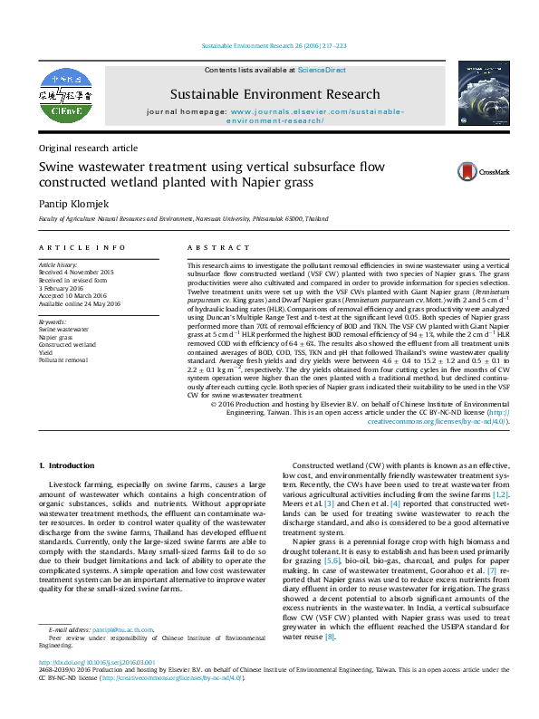 (PDF) Swine wastewater treatment using vertical subsurface flow constructed wetland planted with ...