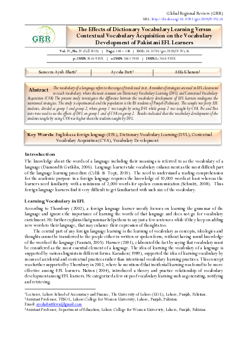 (PDF) The Effects of Dictionary Vocabulary Learning Versus Contextual ...