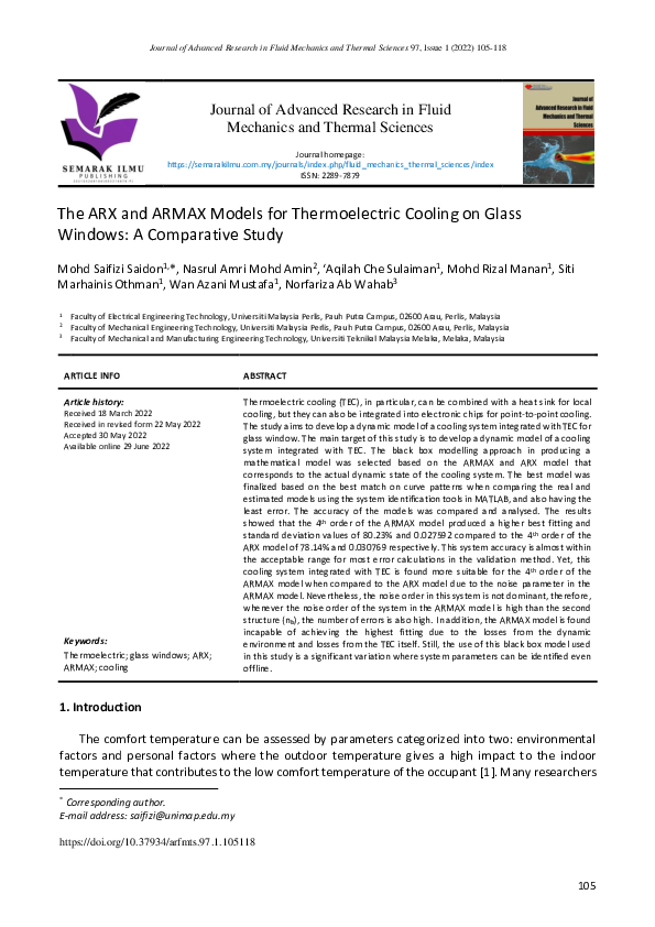 (PDF) The ARX and ARMAX Models for Thermoelectric Cooling on Glass Windows: A Comparative Study