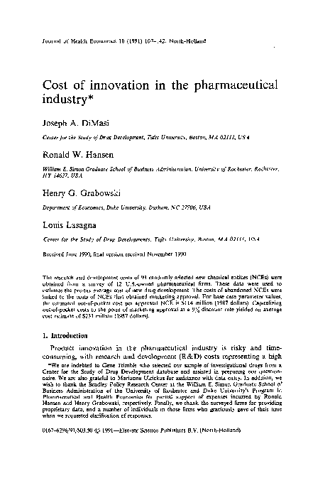 (PDF) Cost of innovation in the pharmaceutical industry