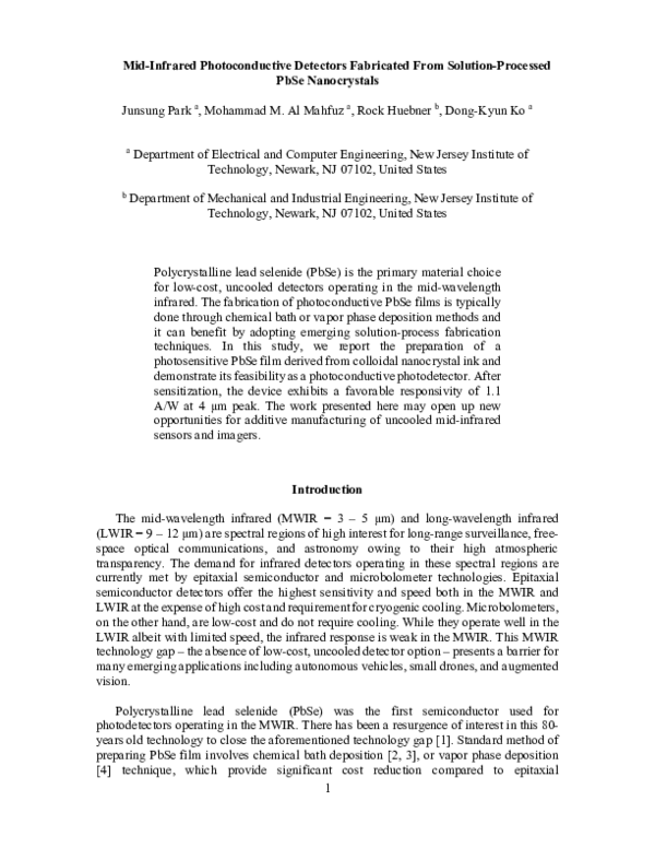 (PDF) Solution-Processed PbSe Nanocrystals for Mid-IR Detectors