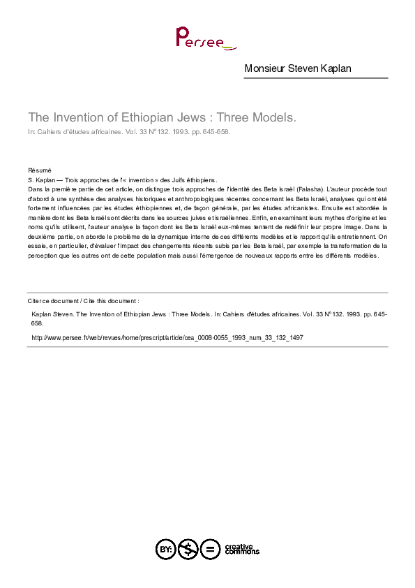 (PDF) The Invention of Ethiopian Jews : Three Models