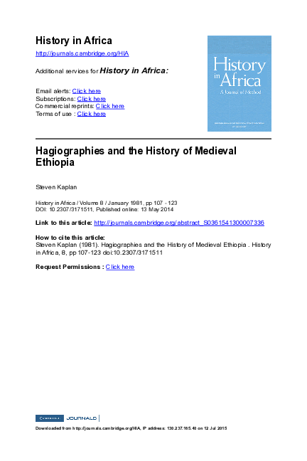 (PDF) Hagiographies and the History of Medieval Ethiopia