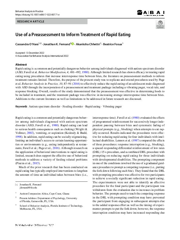 (PDF) Use of a Preassessment to Inform Treatment of Rapid Eating