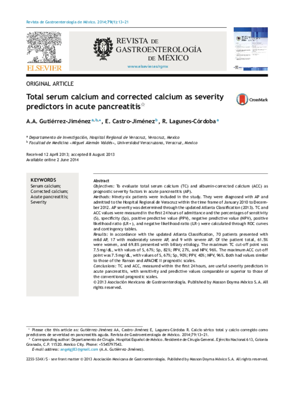(PDF) Calcio sérico total y calcio corregido como predictores de ...