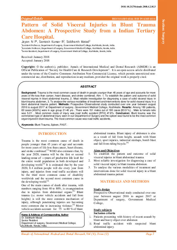 (PDF) Pattern of Solid Visceral Injuries in Blunt Trauma Abdomen: A ...