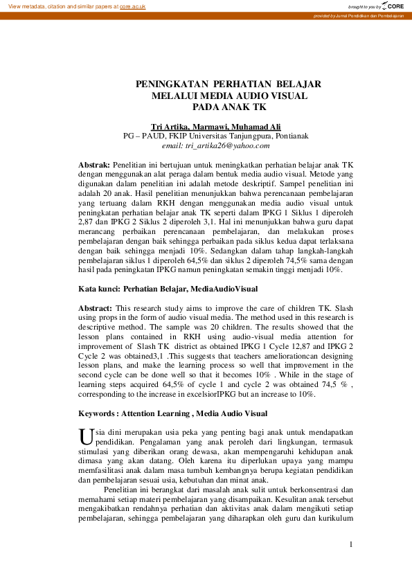 (PDF) Peningkatan Perhatian Belajar Melalui Media Audio Visual Pada Anak TK