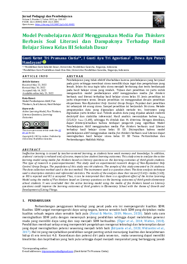 (PDF) Model Pembelajaran Aktif Menggunakan Media Fun Thinkers Berbasis ...