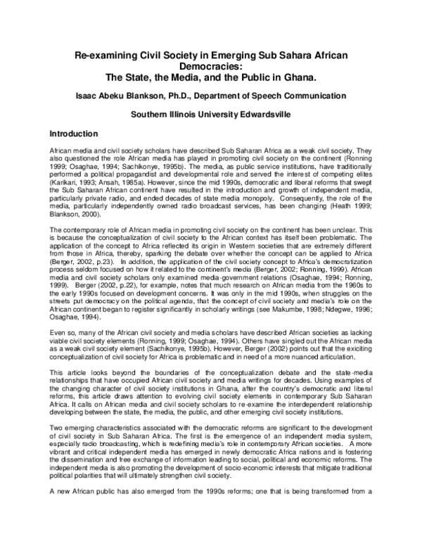 (PDF) Re-examining civil society in emerging sub Sahara African democracies: The state, the ...