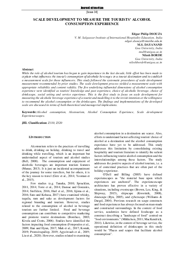 (PDF) SCALE DEVELOPMENT TO MEASURE THE TOURISTS ALCOHOL