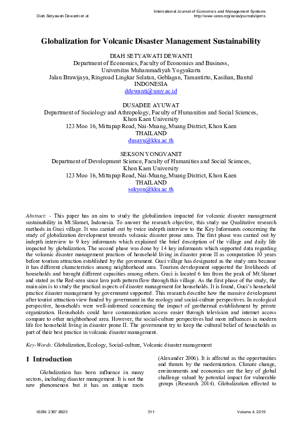 (PDF) Globalization for Volcanic Disaster Management Sustainability