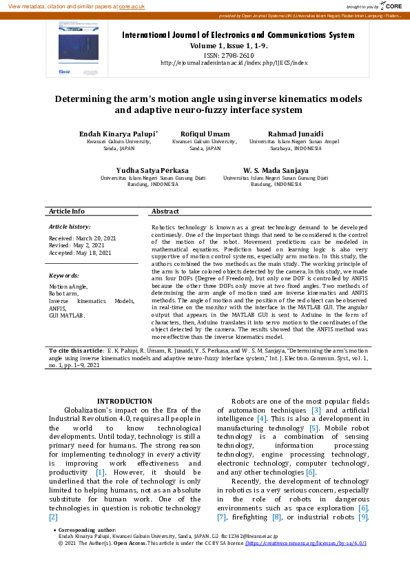 Pdf Determining The Arms Motion Angle Using Inverse Kinematics Models And Adaptive Neuro