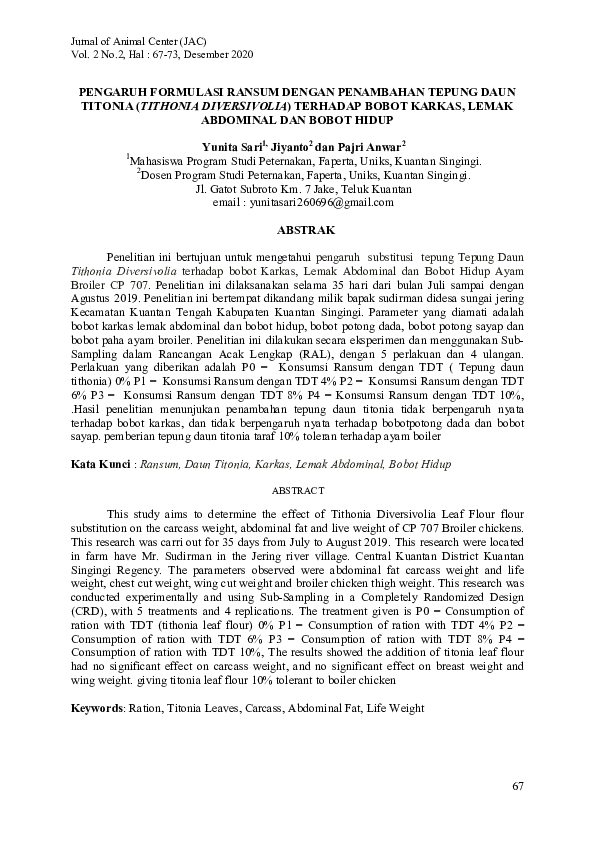 (PDF) Pengaruh Formulasi Ransum Dengan Penambahan Tepung Daun Titonia ...