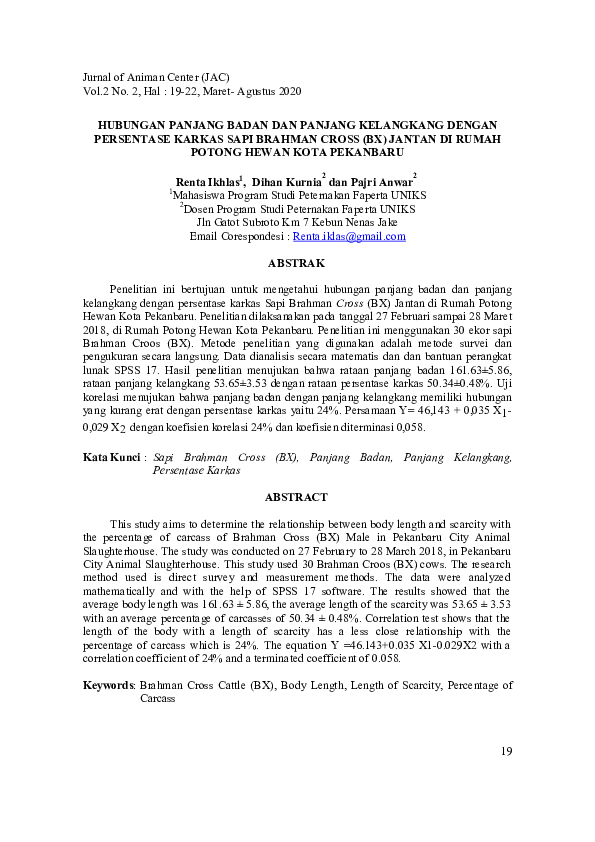 (PDF) Hubungan Panjang Badan Dan Panjang Kelangkang Dengan Persentase ...