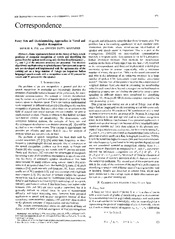 (PDF) Fuzzy Sets and Decisionmaking Approaches in Vowel and Speaker Recognition