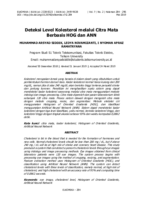 (PDF) Deteksi Level Kolesterol melalui Citra Mata Berbasis HOG dan ANN