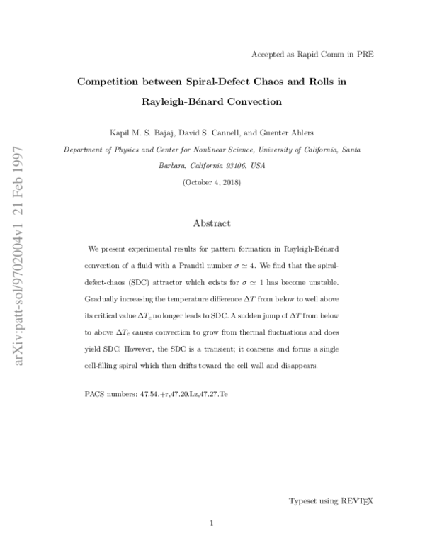 (PDF) Competition between spiral-defect chaos and rolls in Rayleigh-Bénard convection