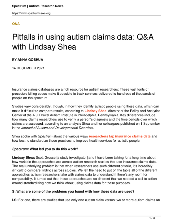(PDF) Pitfalls in using autism claims data: Q&A with Lindsay Shea