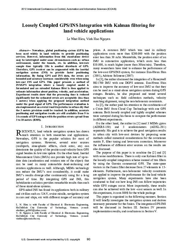 (PDF) Loosely coupled GPS/INS integration with Kalman filtering for ...