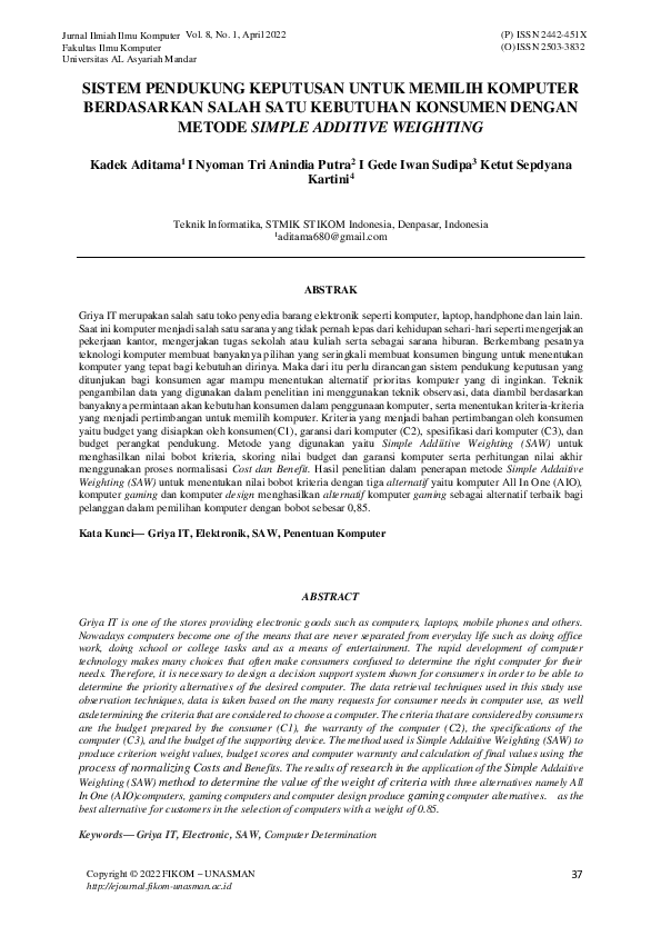 (PDF) Sistem Pendukung Keputusan Untuk Memilih Komputer Berdasarkan Salah Satu Kebutuhan ...