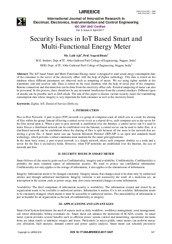 Pdf Security Issues In Iot Based Smart And Multi Functional Energy Meter