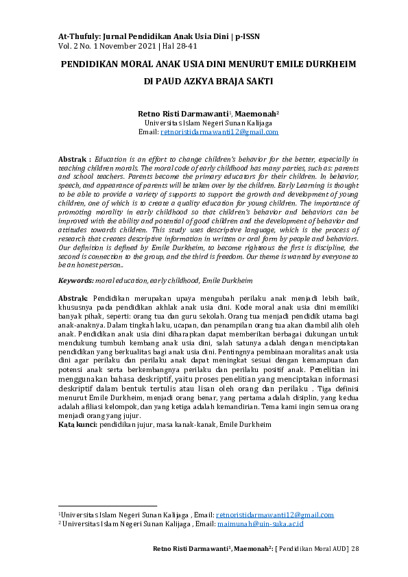 (PDF) Pendidikan Moral Anak Usia Dini Menurut Emile Durkheim Di Paud Azkya Braja Sakti