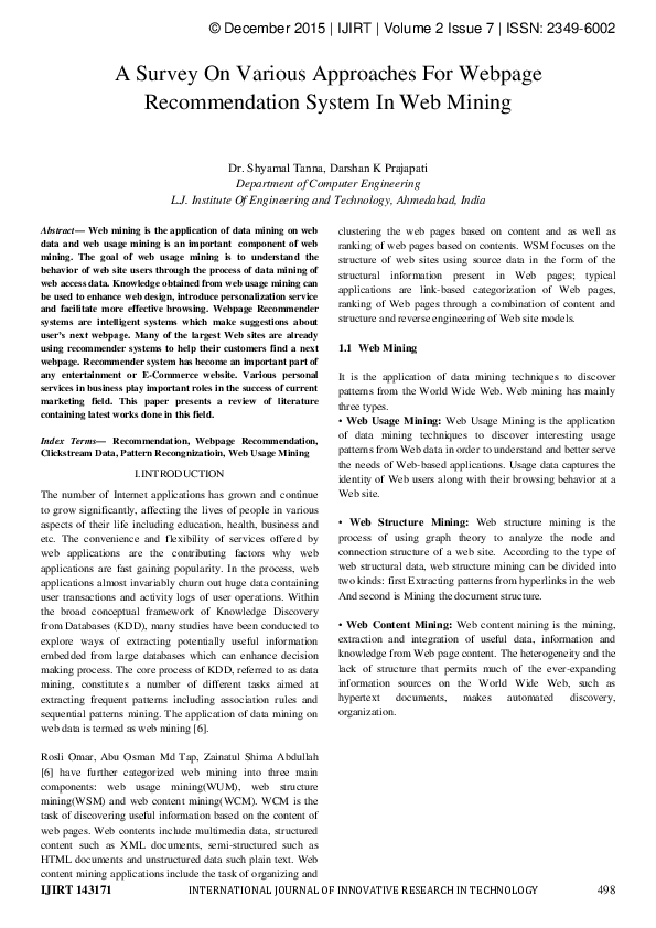 Pdf A Survey On Various Approaches For Webpage Recommendation System