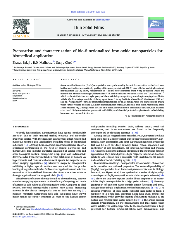(PDF) Preparation and characterization of bio-functionalized iron oxide nanoparticles for ...