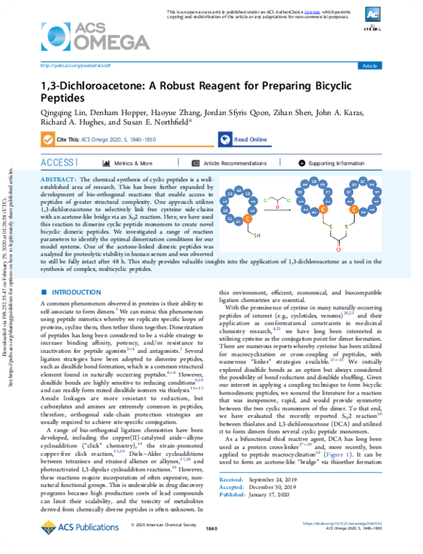 (PDF) 1,3-Dichloroacetone: A Robust Reagent for Preparing Bicyclic Peptides